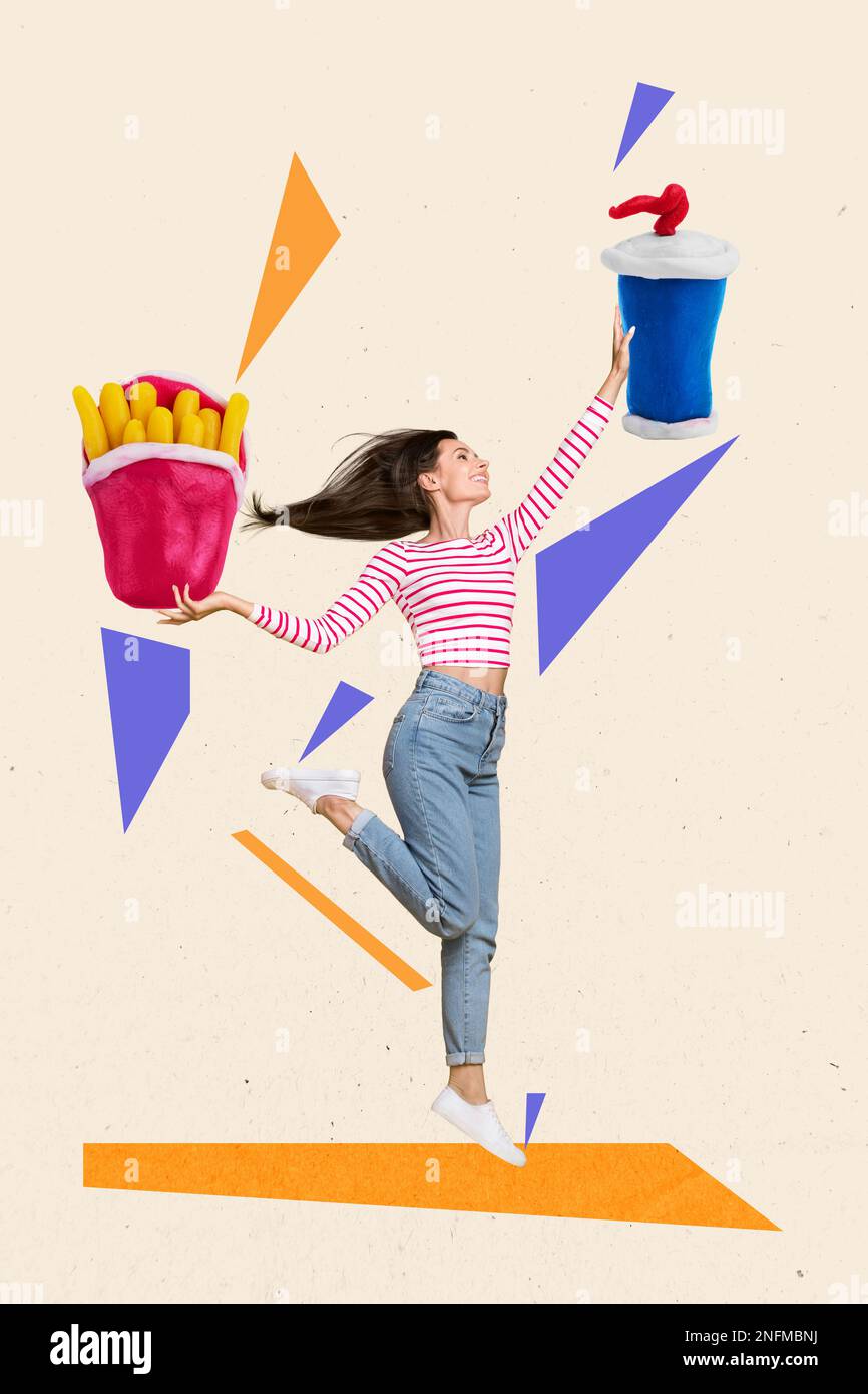 Photo collage of young careless jumping woman hold french fries hold ...