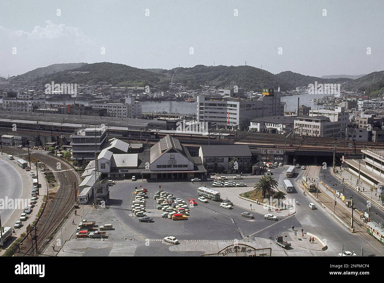 View of the railroad station and the harbor of Shimonoseki, Japan, 1970 ...