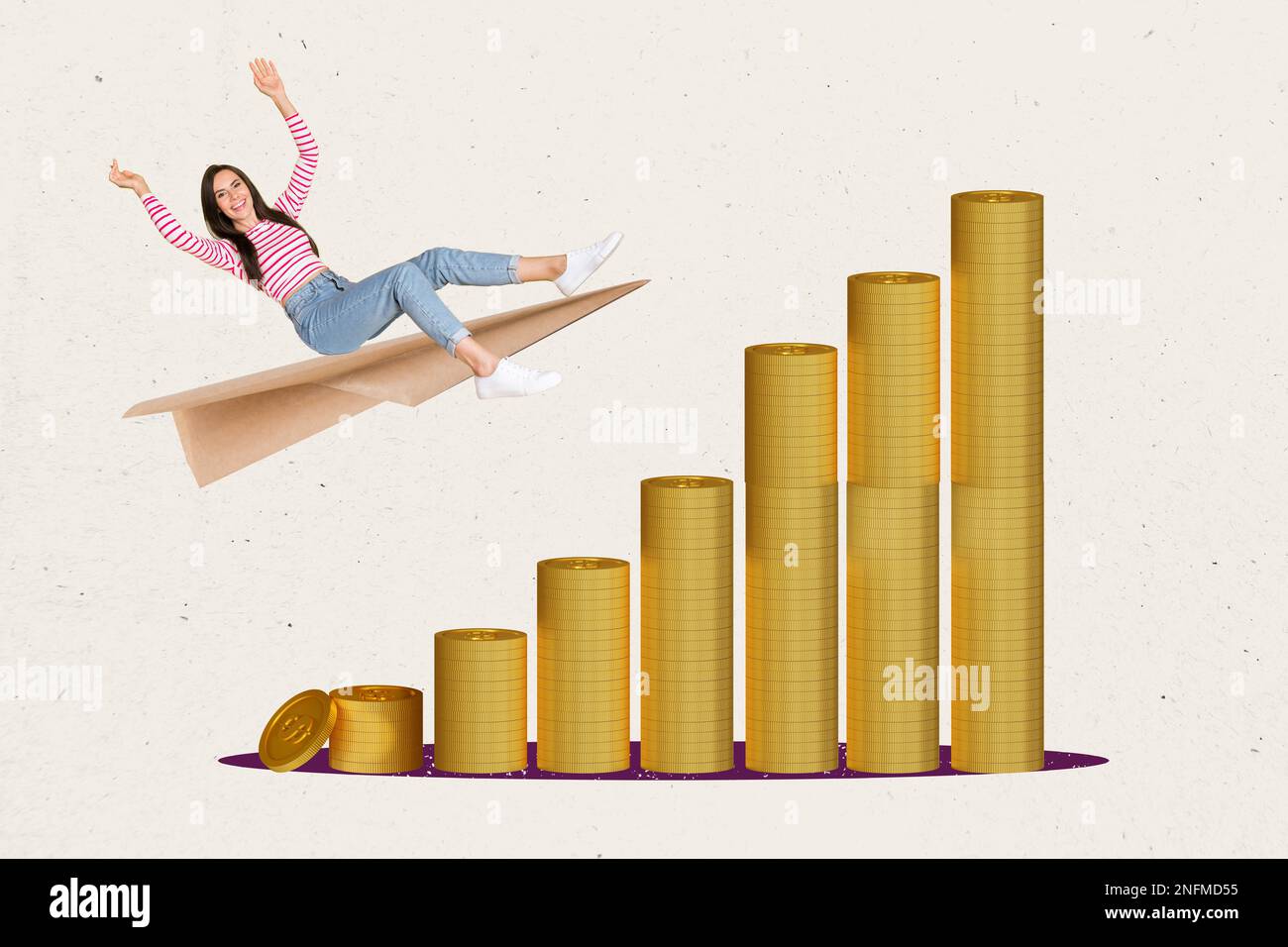 Creative collage photo of flying paper airplane woman carefree business ...