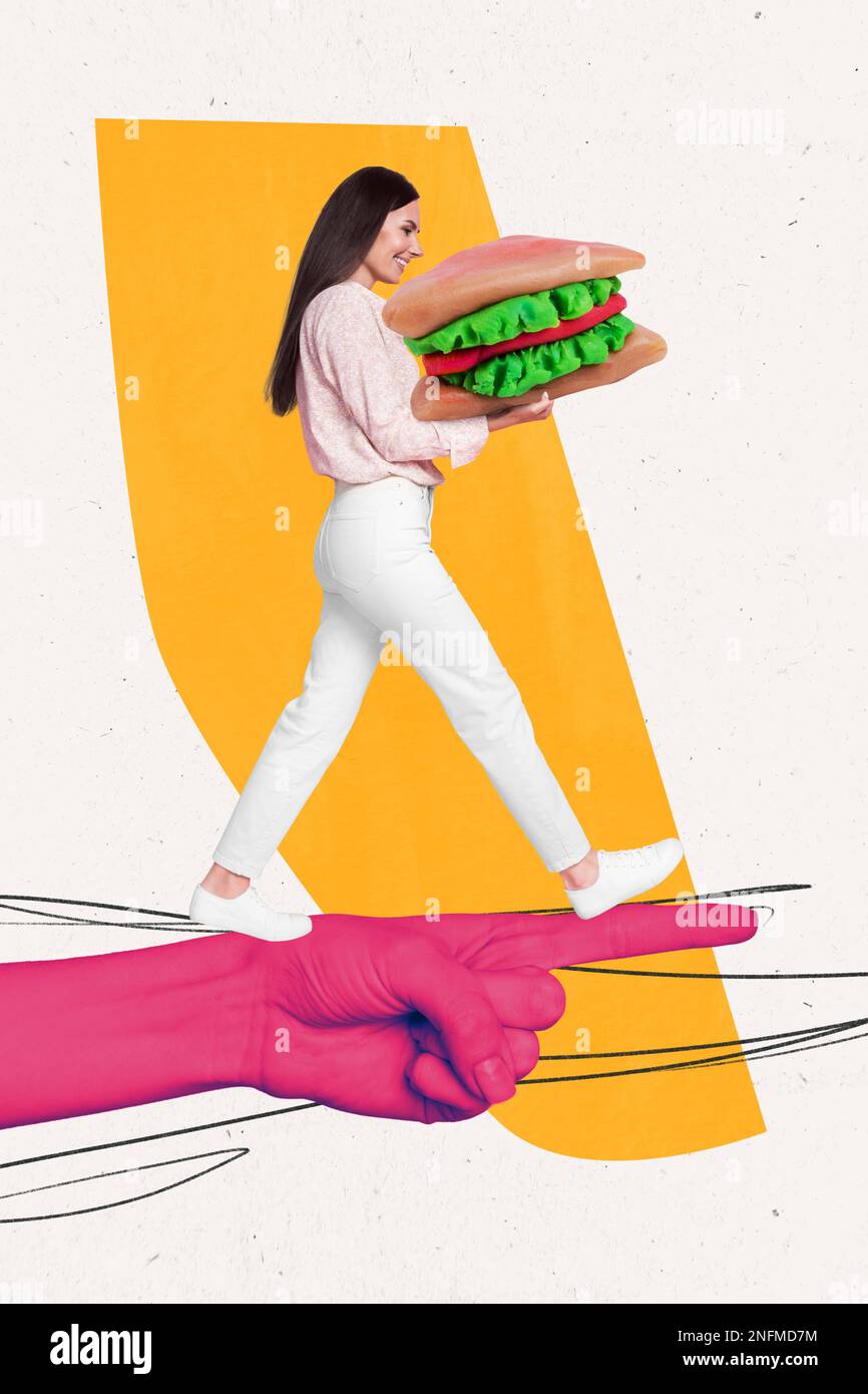 Collage photo of young attractive positive lady walking hold organic ...