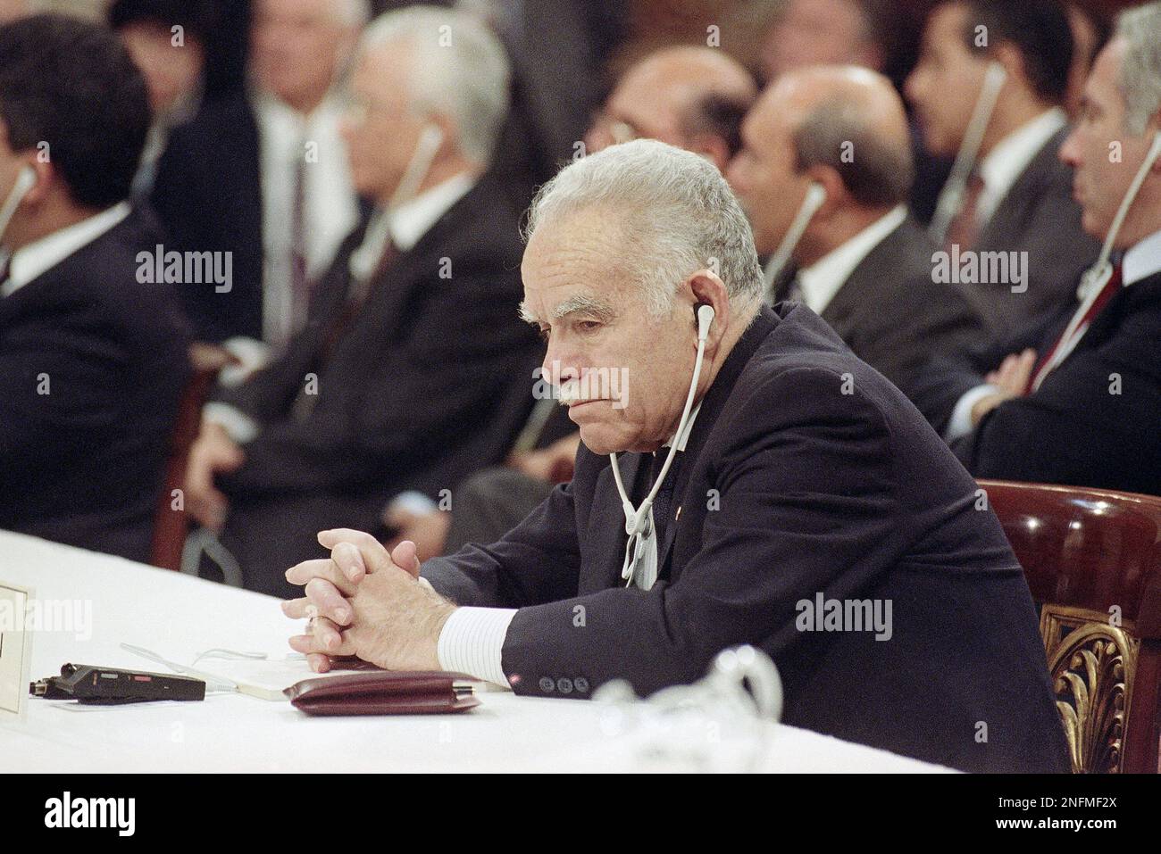 Israeli Prime Minister Yitzhak Shamir listens to a speech by President ...