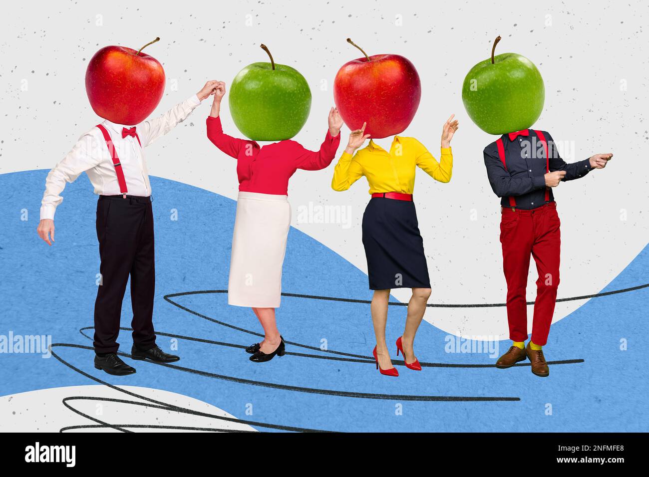 Artwork magazine collage picture of funny people having fun apples ...
