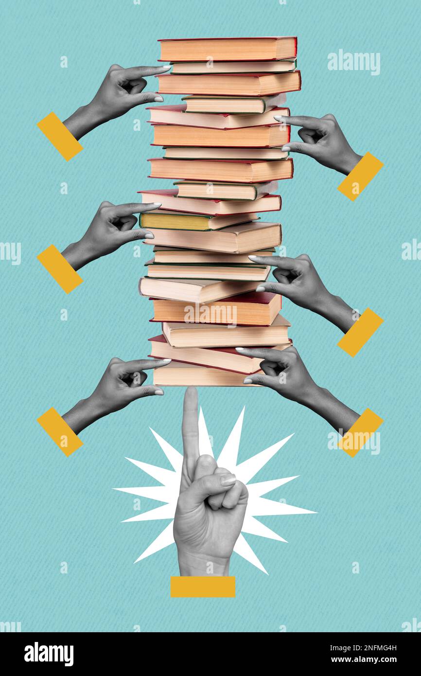 Collage artwork graphics picture of arms choosing book library variety ...