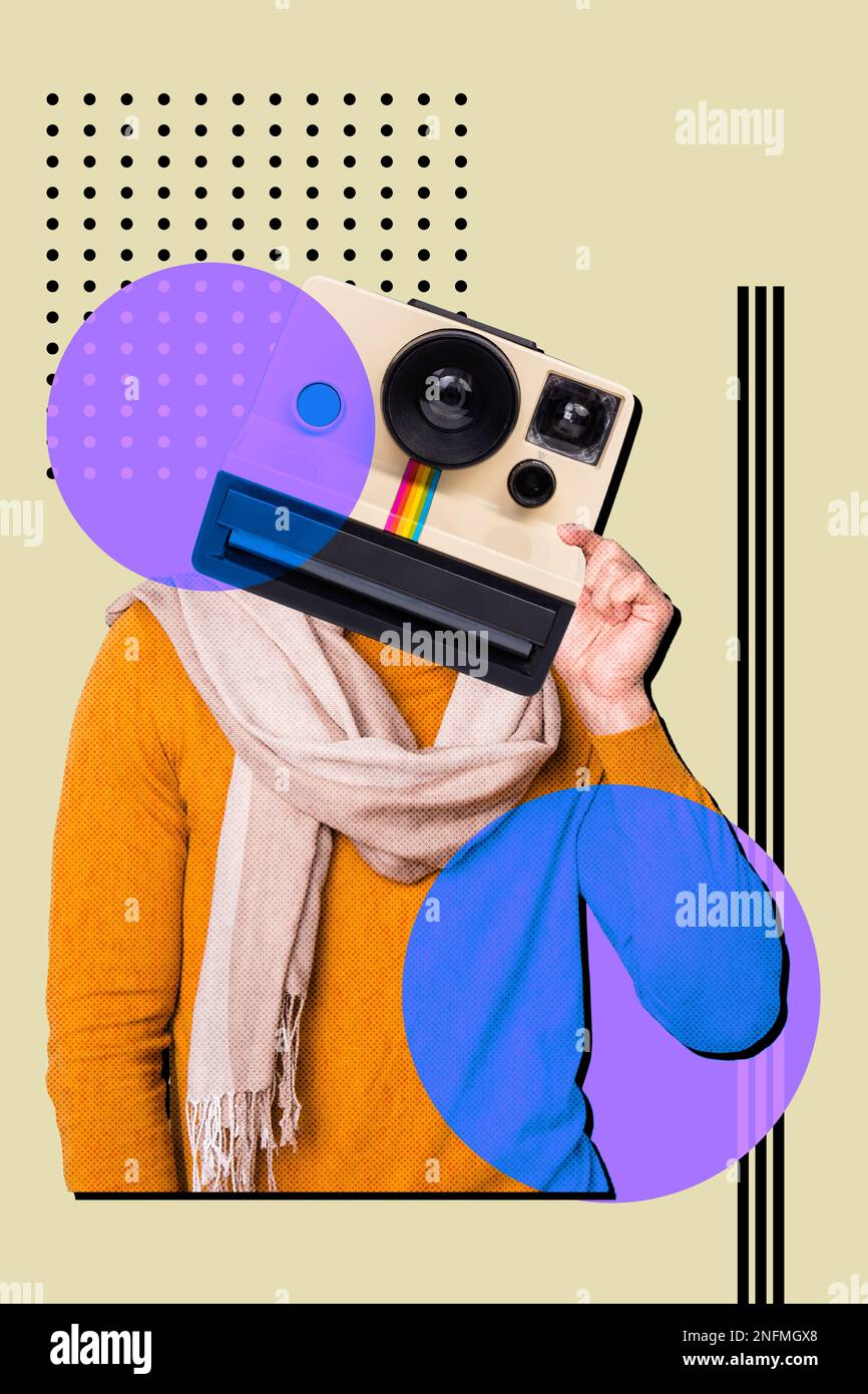 Vertical collage artwork image of person photo camera instead head ...