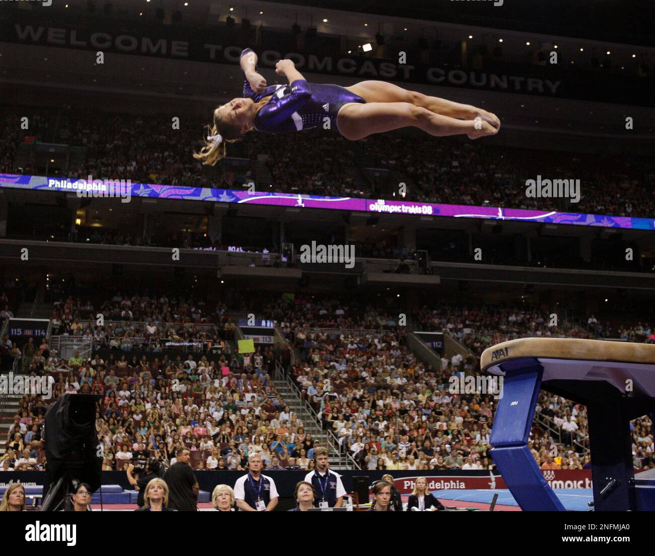 Shawn Johnson somersaults over the vault during the women's second day ...