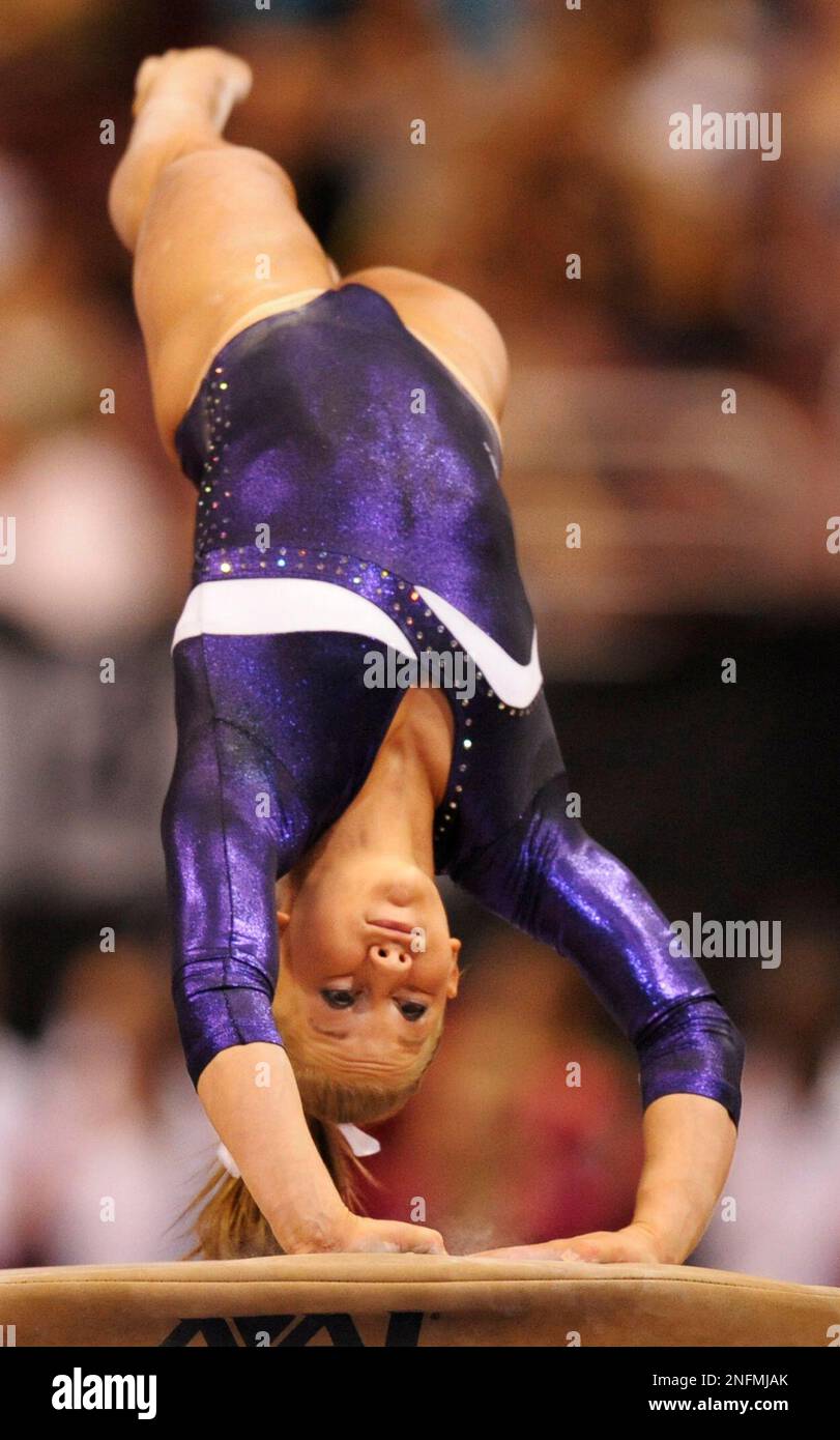 Shawn Johnson flips over the vault during the women's second day of ...