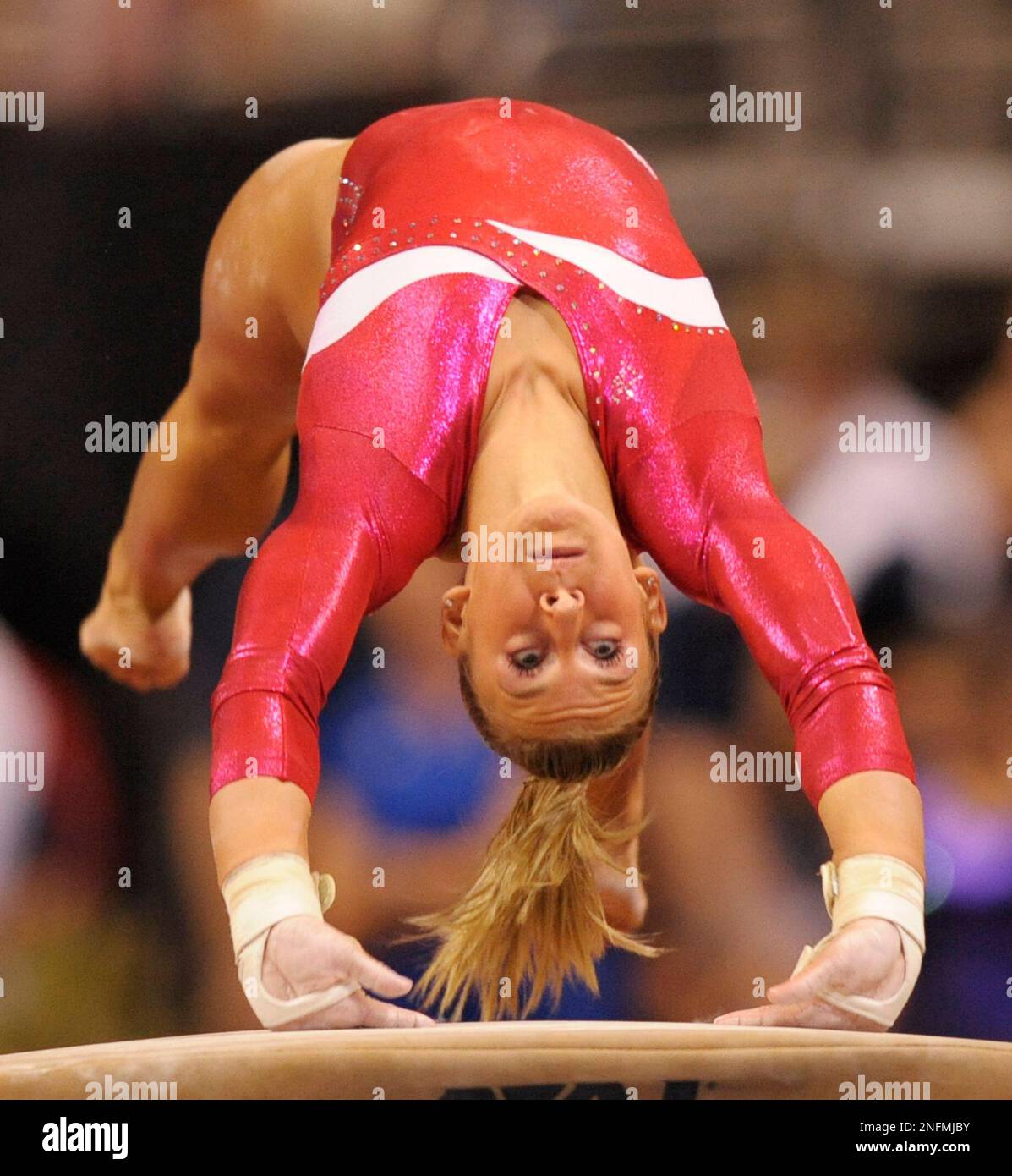 Randy Stageberg flips over the vault during the women's second day of competition at the U.S ...