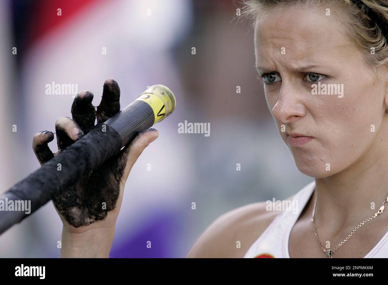 Yuliya Golubchikova of Russia prepares for the pole vault event during ...