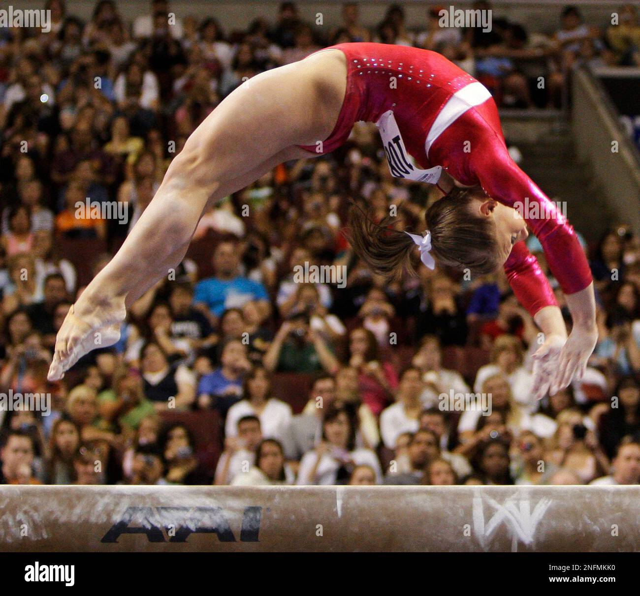 Shawn Johnson performs on the balance beam during the women's first day ...