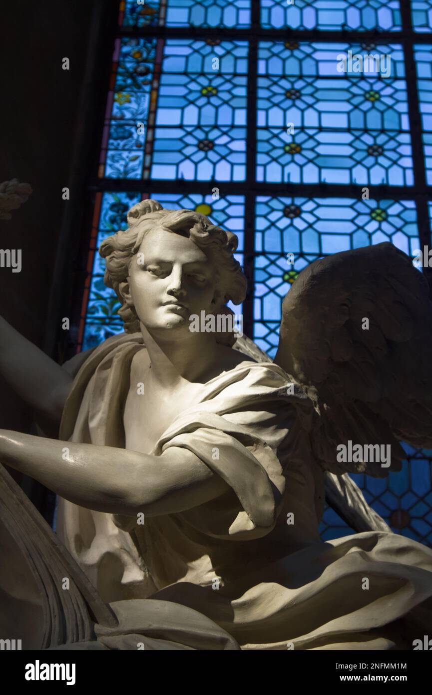 Marble Status, Sculpture Of An Angel In Front Of A Stained Glass Window ...