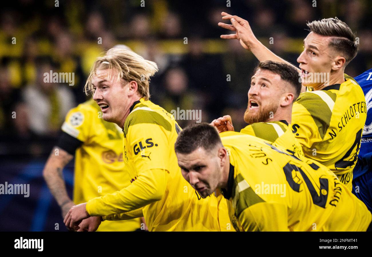 Dortmund, Germany. 15th Feb, 2023. Julian Brandt (BVB), Niclas Süle (BVB), Salih Özcan (BVB ...
