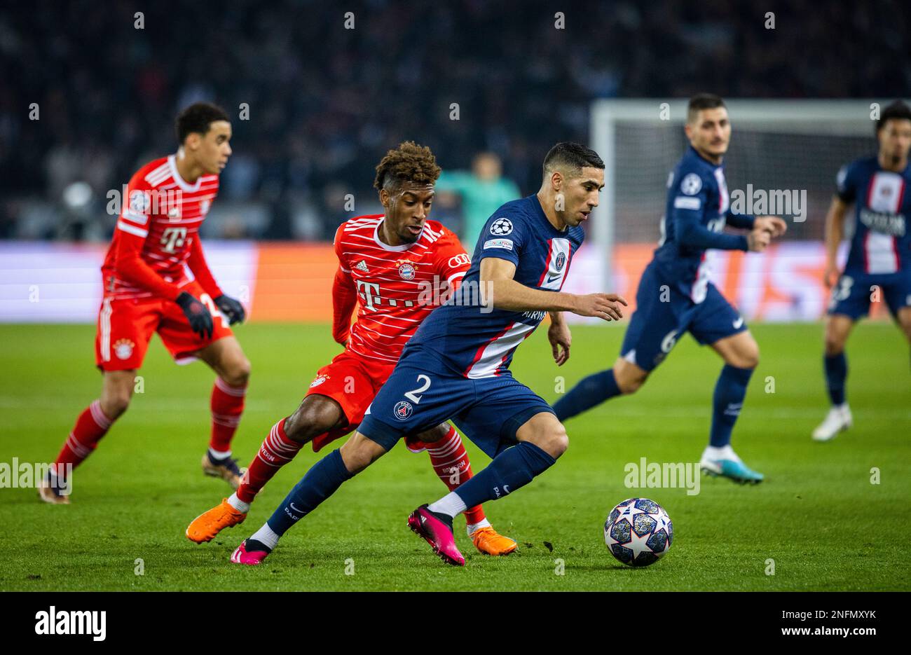 Paris, France. 14th Feb, 2023. Achraf Hakimi (PSG), Kingsley Coman ...
