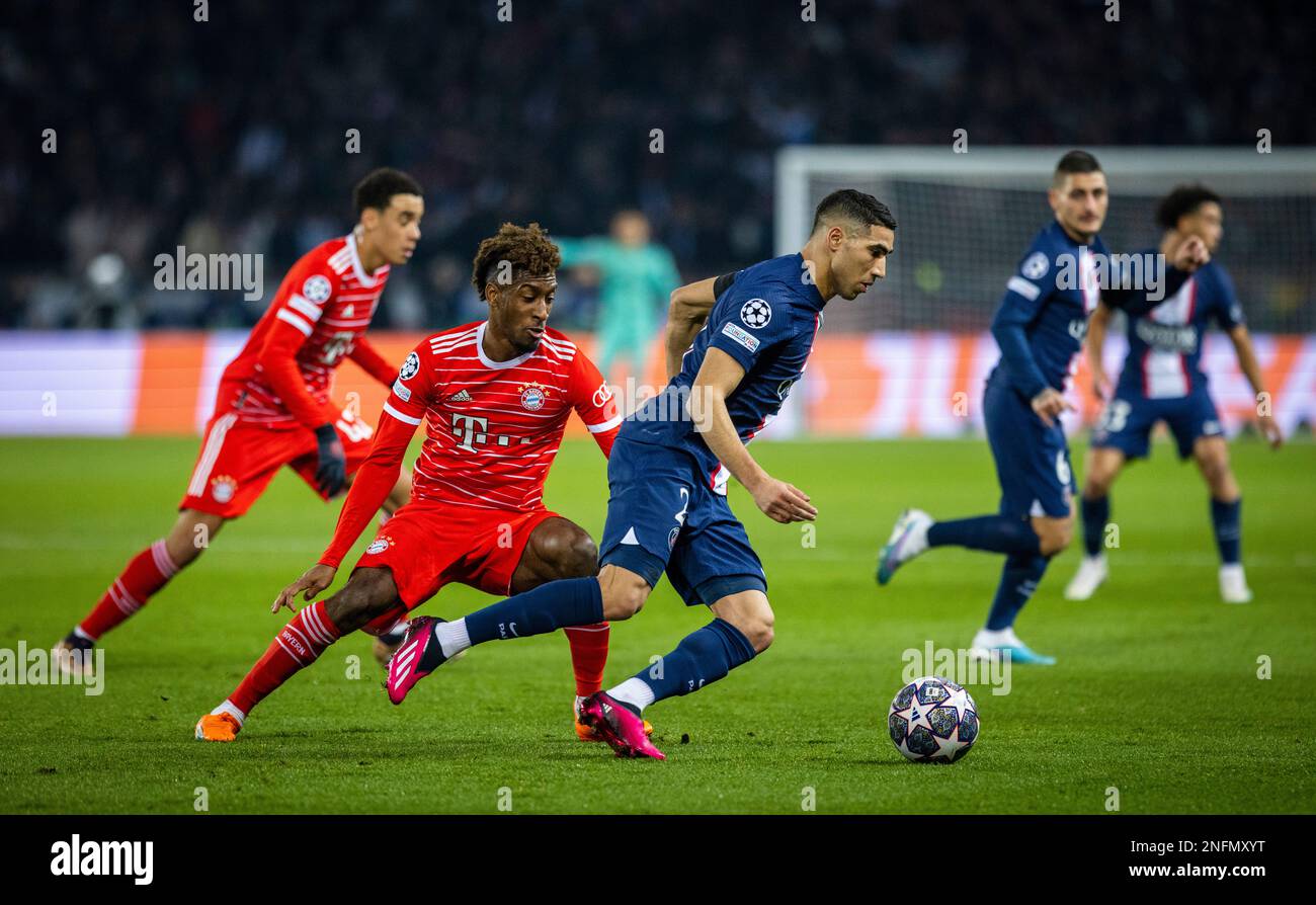 Paris, France. 14th Feb, 2023. Achraf Hakimi (PSG), Kingsley Coman ...