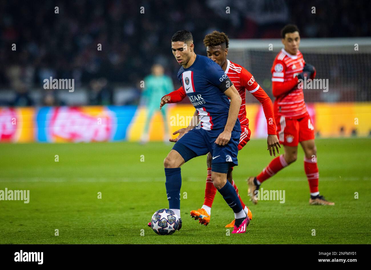 Paris, France. 14th Feb, 2023. Achraf Hakimi (PSG), Kingsley Coman ...