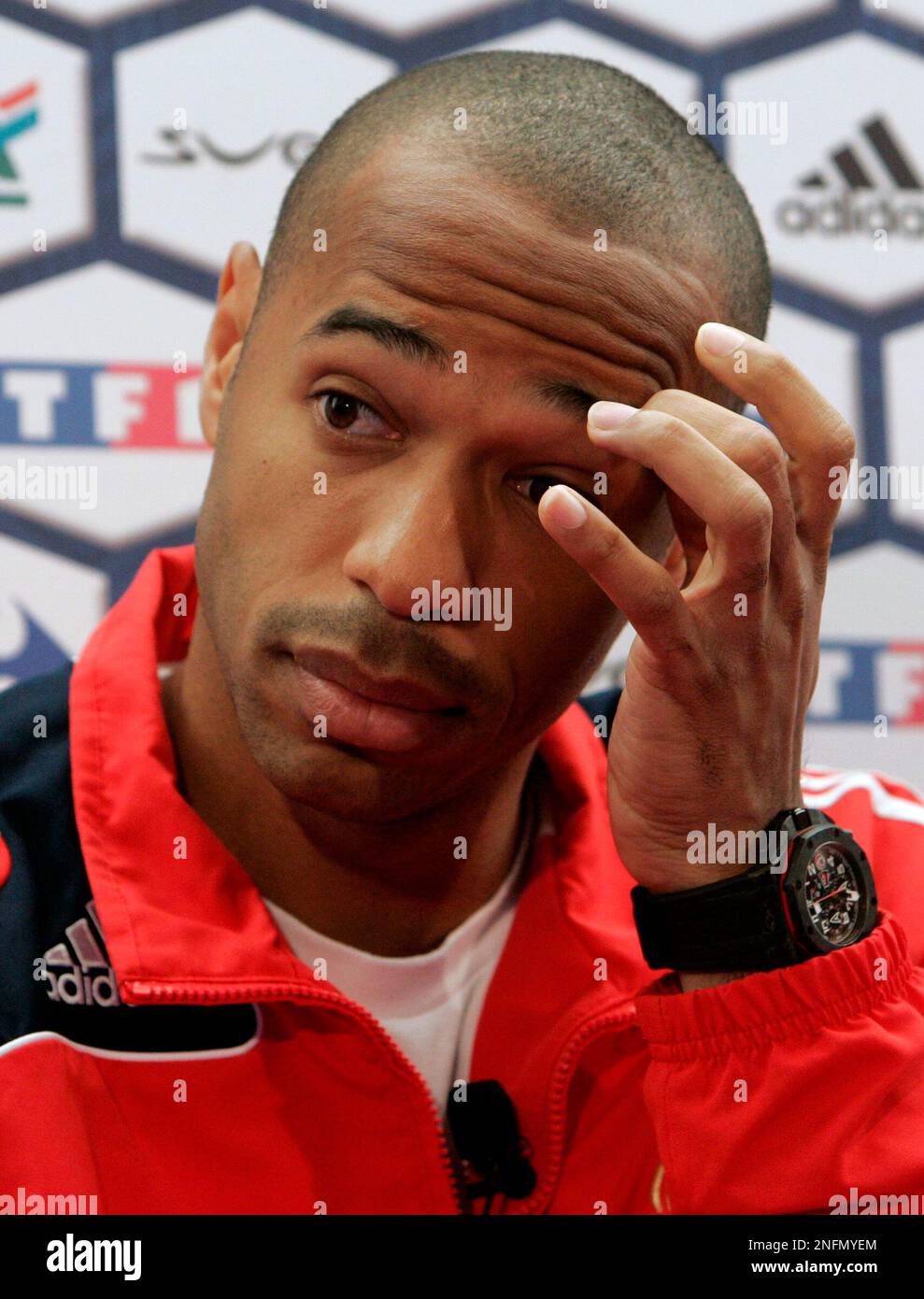 France's Thierry Henry gestures during a press conference in Chatel ...