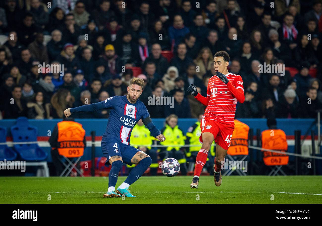 Paris, France. 14th Feb, 2023. Sergio Ramos (PSG), Jamal Musiala ...