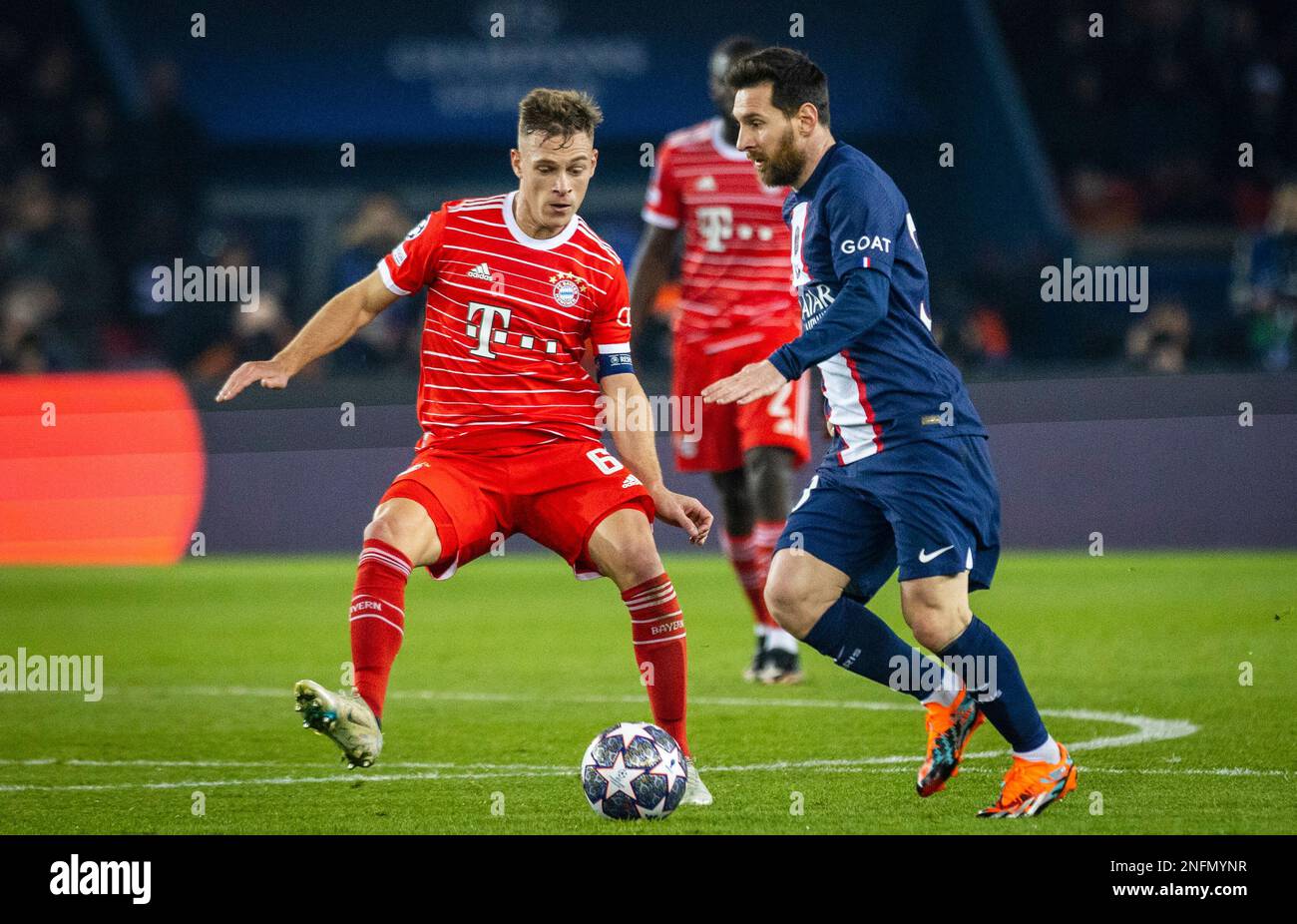 Paris, France. 14th Feb, 2023. Lionel Messi (PSG), Joshua Kimmich (Muenchen) Paris Saint-Germain ...