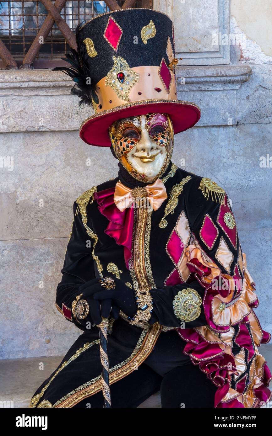 Carnival goer dressed in splendid costume and mask during Venice ...