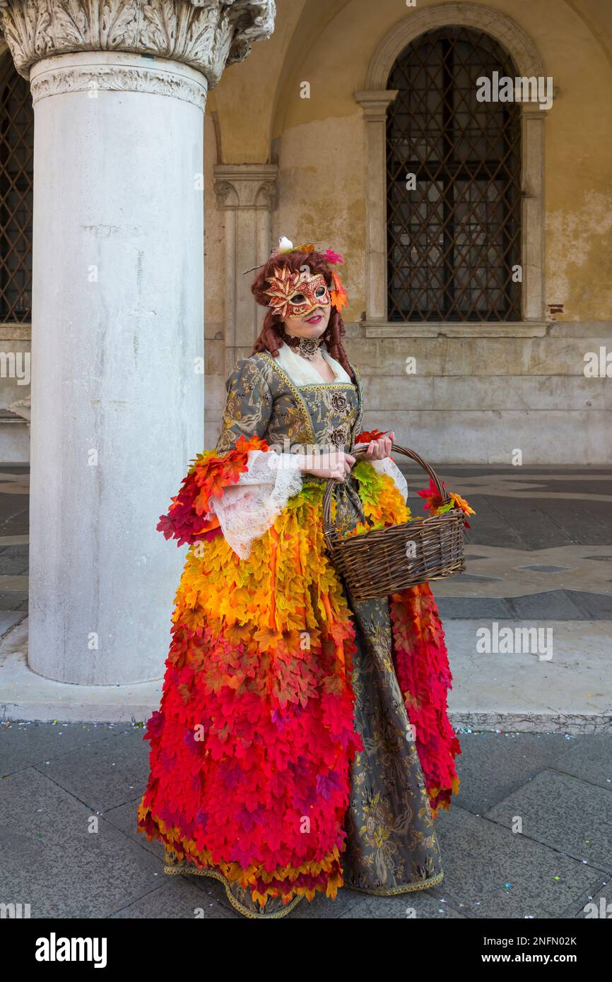 Carnival goer dressed in splendid costume dress and mask Venice ...