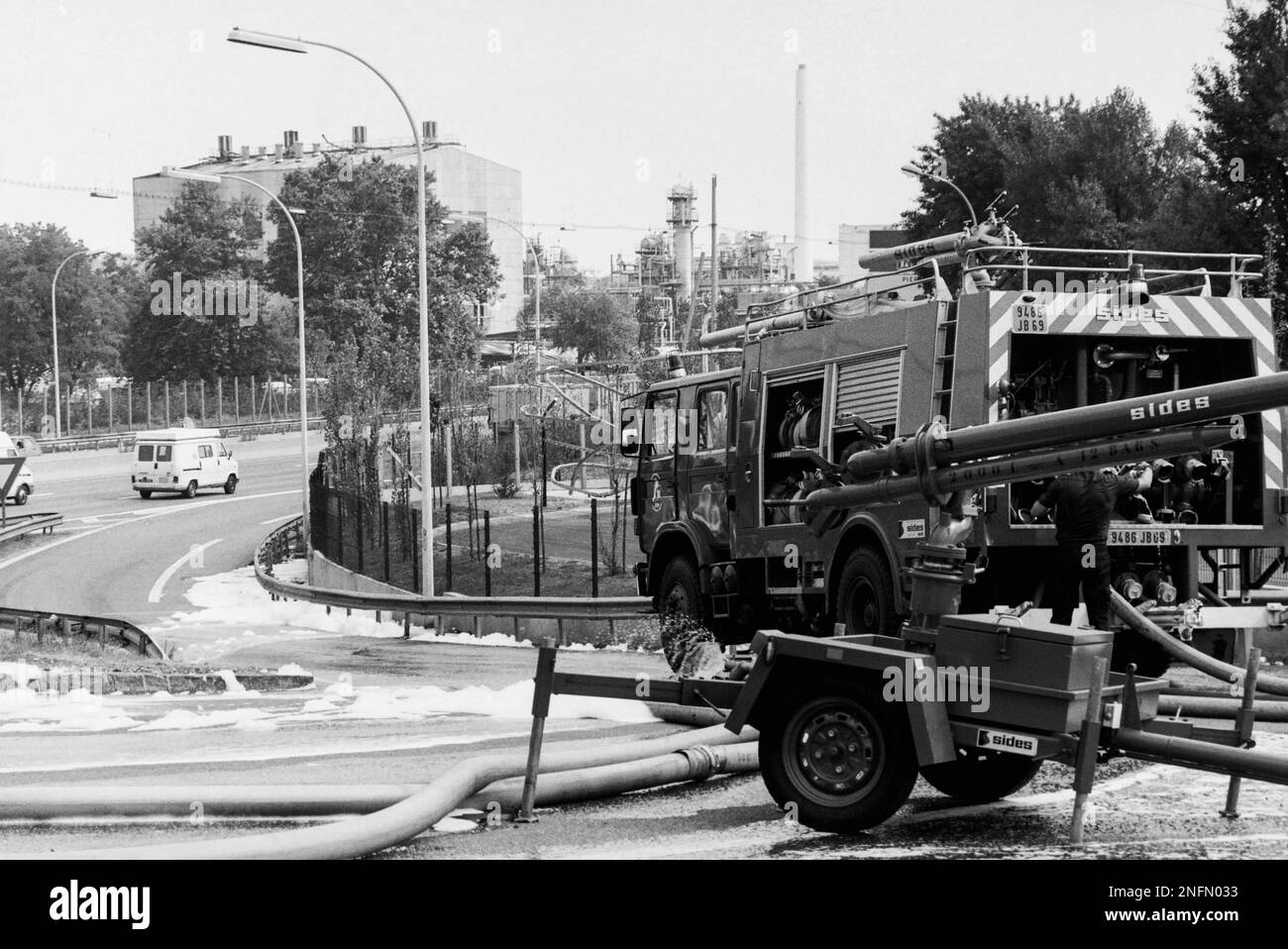 Archives 90ies: Firefighters extinguish a burning truck , Feyzin, Rhone ...