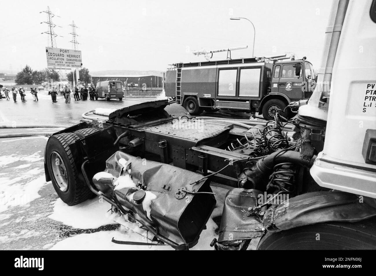 Archives 90ies: Firefighters extinguish a burning truck , Feyzin, Rhone ...