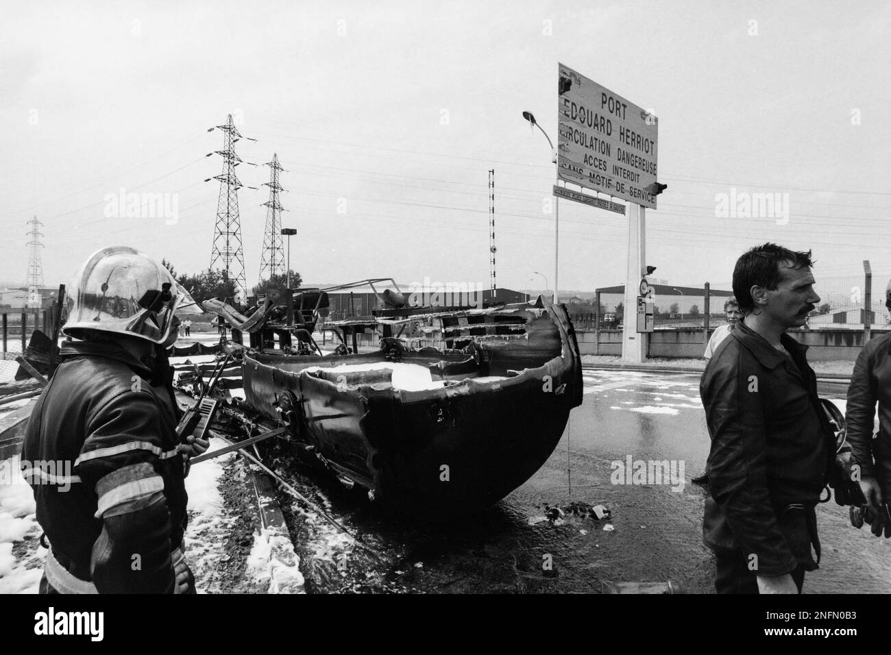 Archives 90ies: Firefighters extinguish a burning truck , Feyzin, Rhone ...
