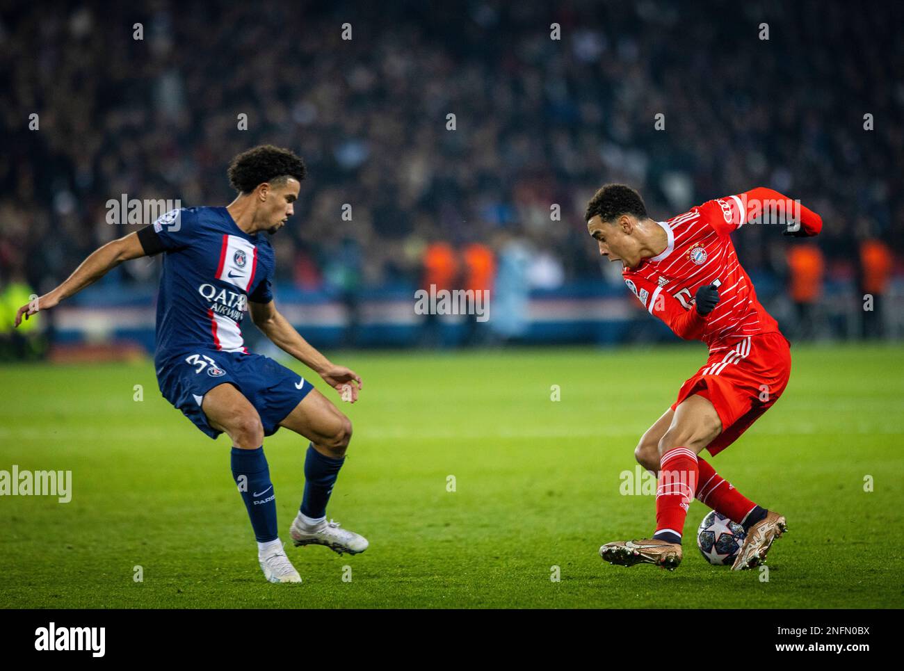Paris, France. 14th Feb, 2023. Jamal Musiala (Muenchen), Warren Zaire ...