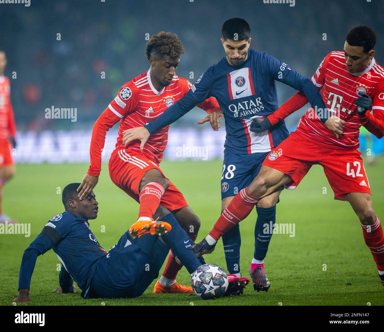 Paris, France. 14th Feb, 2023. Nuno Mendes (PSG), Kingsley Coman ...