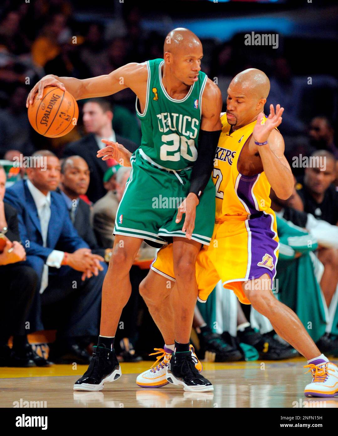 Boston Celtics guard Ray Allen (20) runs into Los Angeles Lakers guard ...