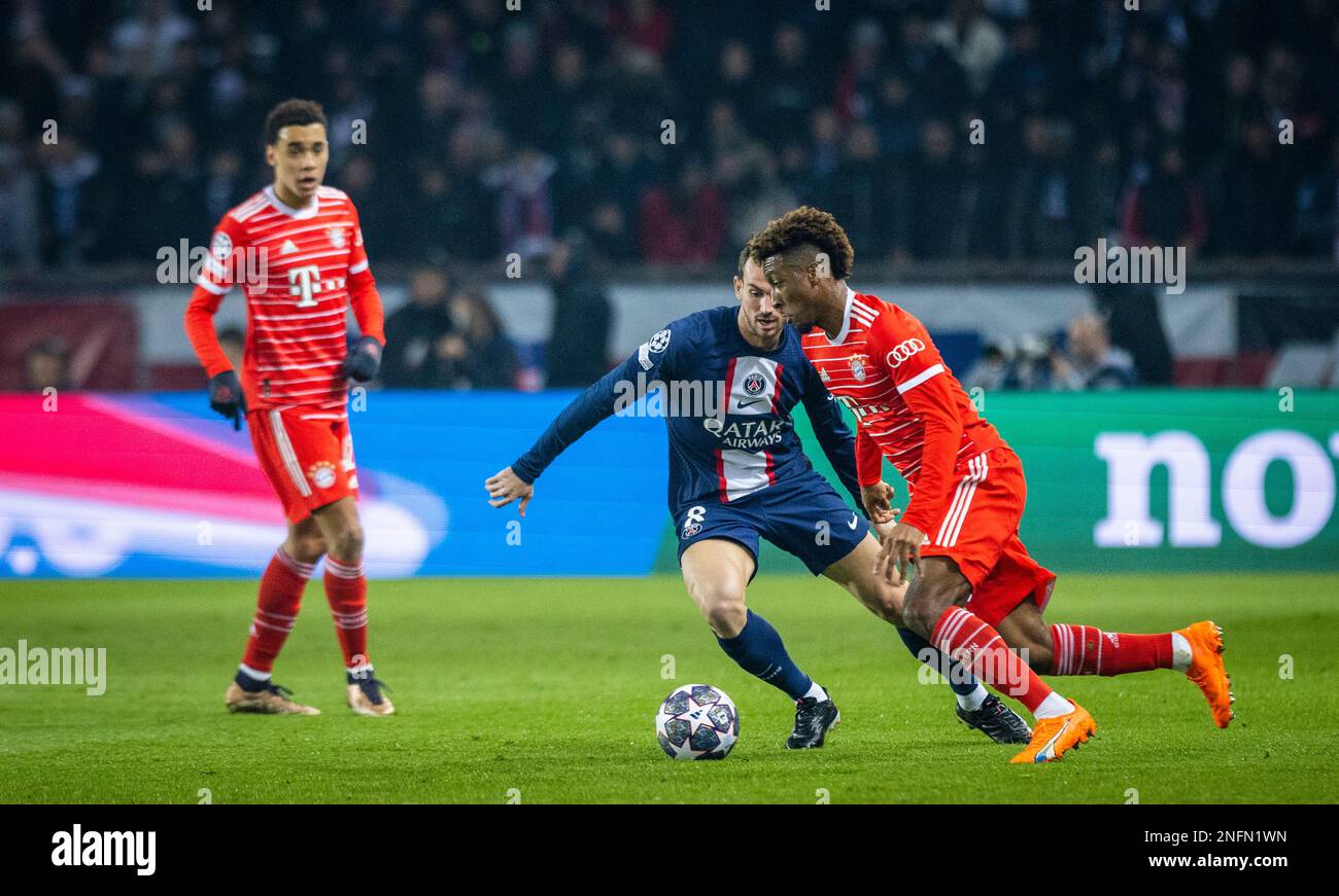 Paris, France. 14th Feb, 2023. Kingsley Coman (Muenchen), Fabian Ruiz ...