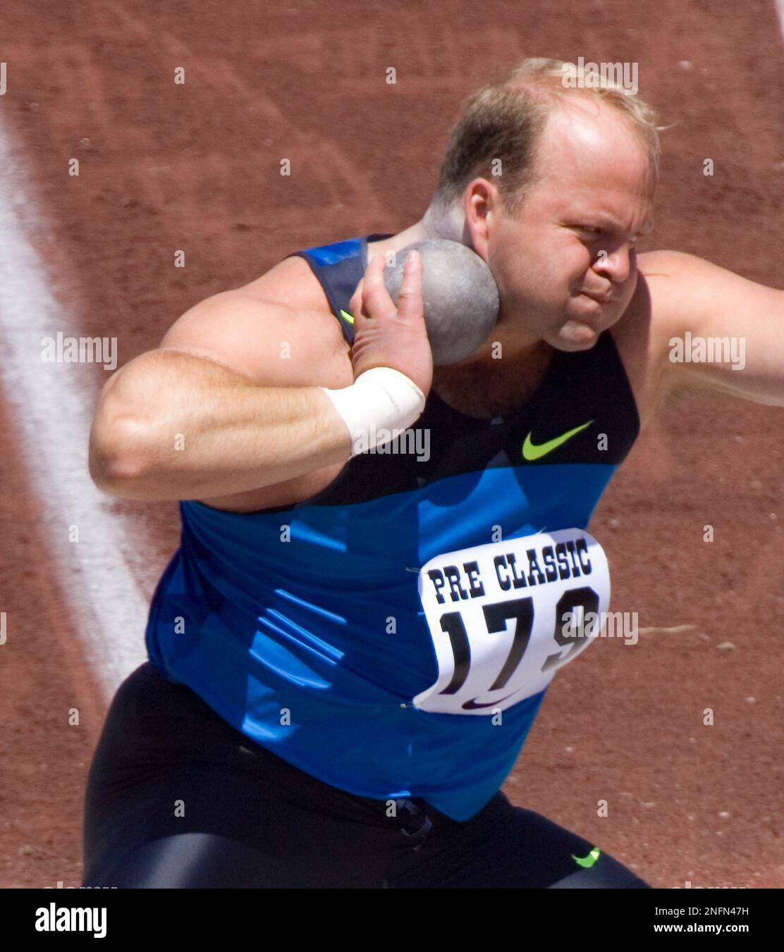 U.S. shot putter Adam Nelson prepares to throw during the Prefontaine ...