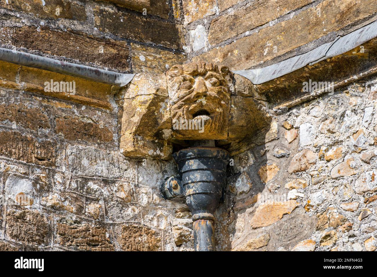 Close up of worn stone carved gargoyle with lead flashing, St Candida ...