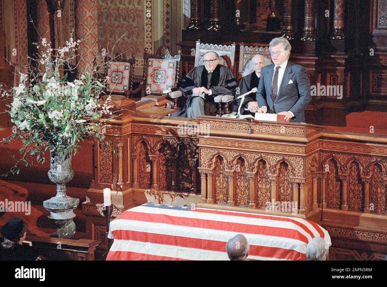 Sen. Edward Kennedy, speaks at Sen. Jacob Javits funeral March 10, 1986 ...