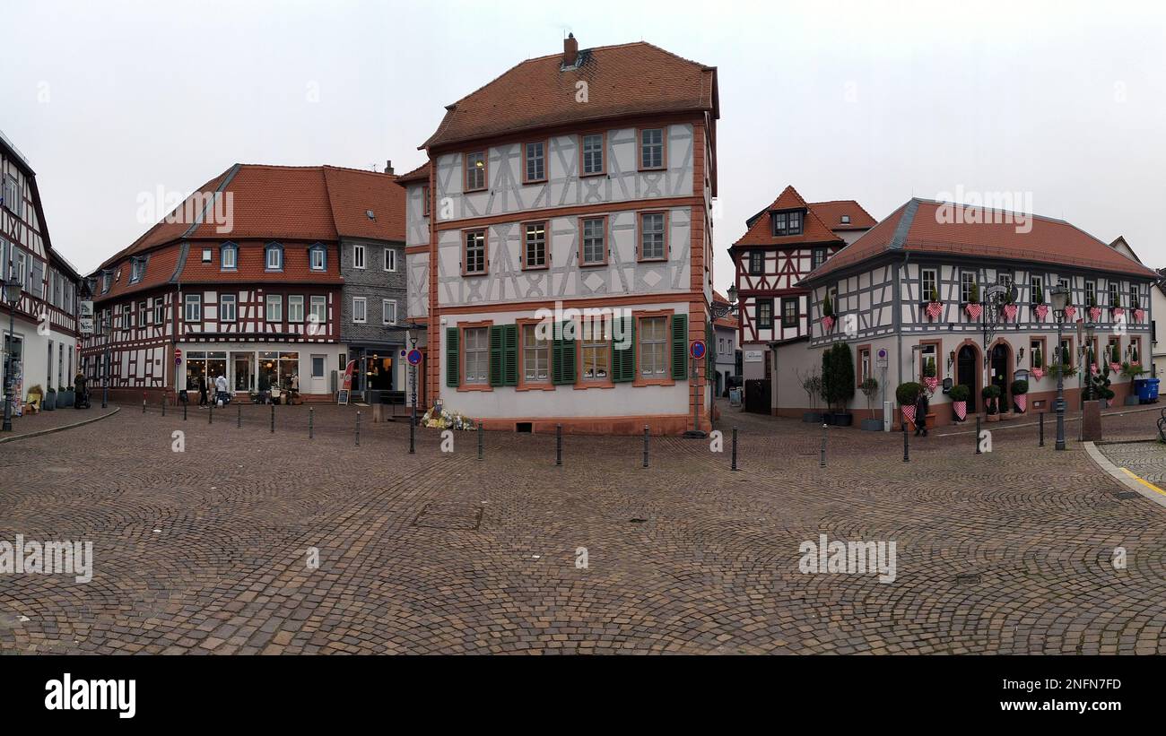 Traditional timber-framed houses lining Freihofplatz, main town square ...