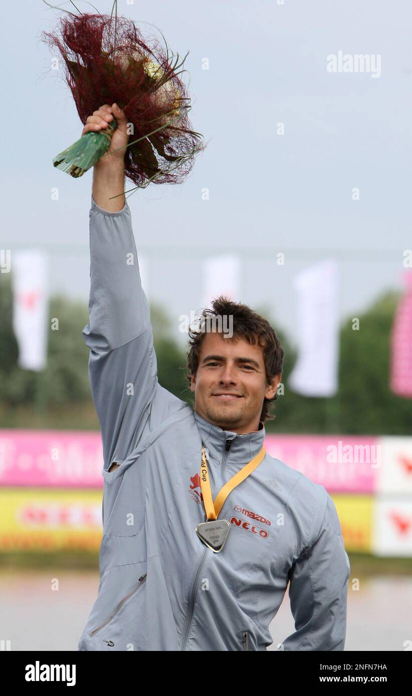 Canada's Adam van Koeverden reacts during the victory ceremony the ...