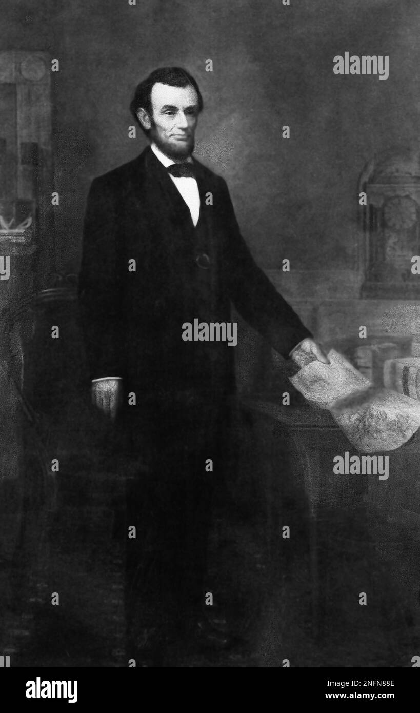 President Abraham Lincoln is shown in a formal portrait, holding the ...