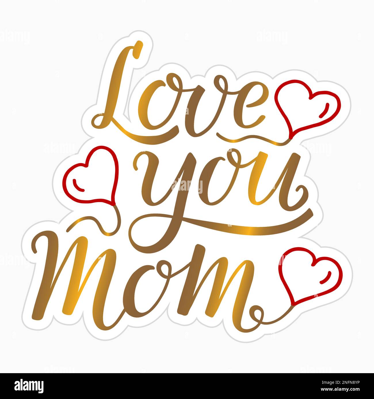 Love You Mom handwritten gold text with red hearts like sticker. Hand ...