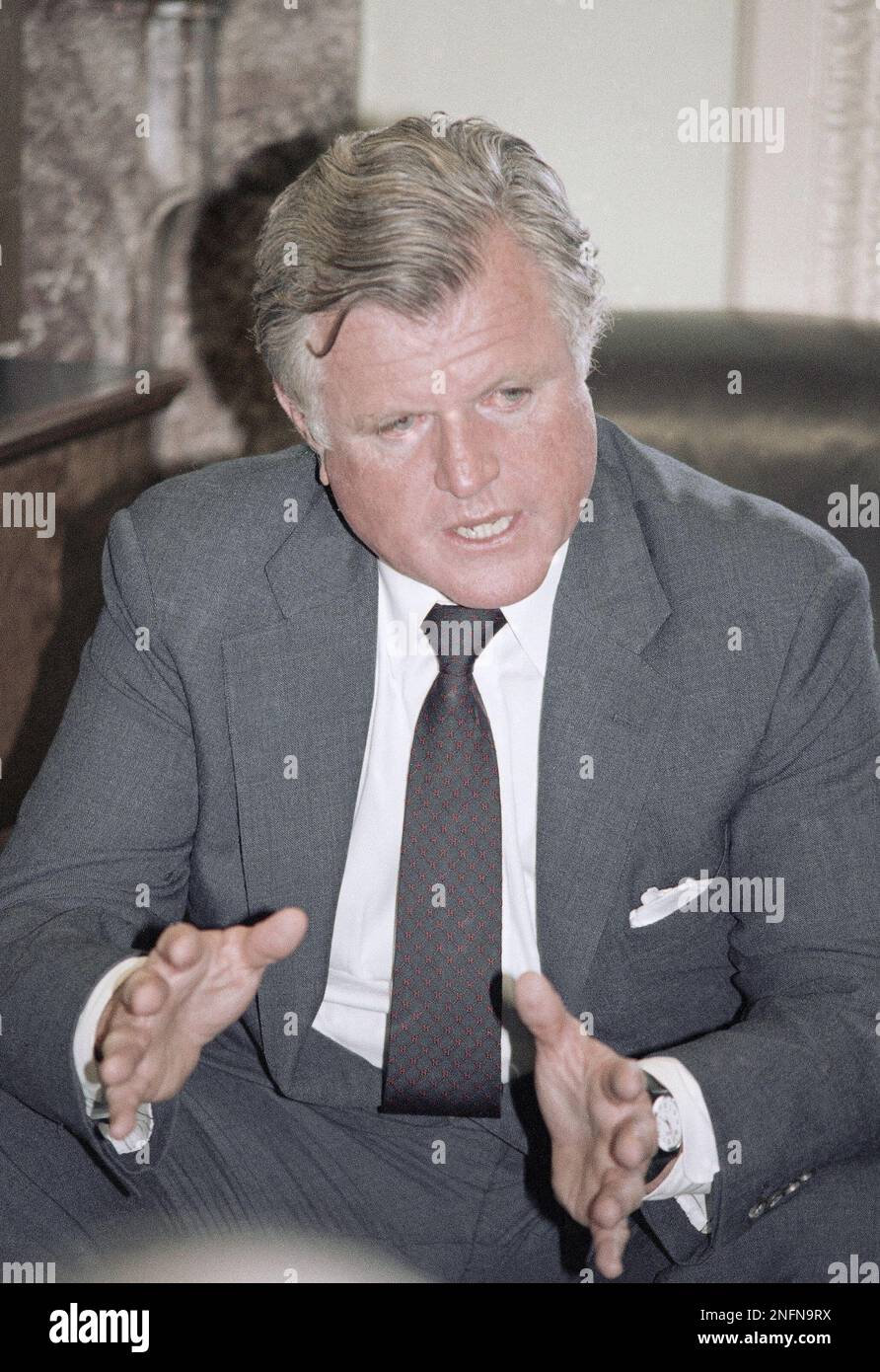 Sen. Edward Kennedy (D-Mass), speaking in press gallery on apartheid ...