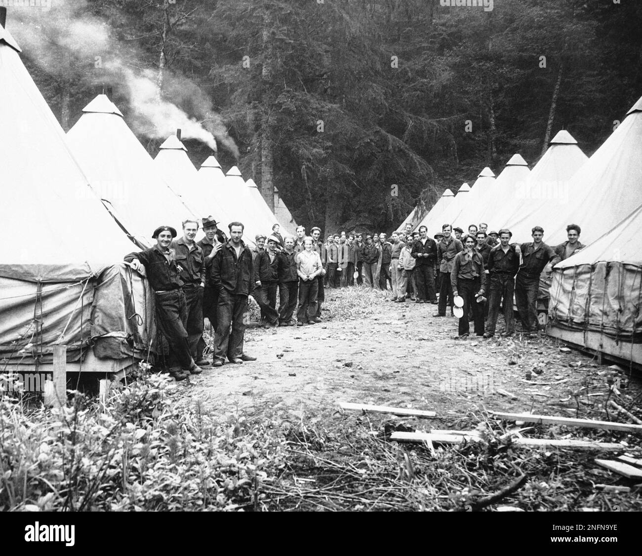 In heavy timber in Rainier National Park, Washington, members of the ...