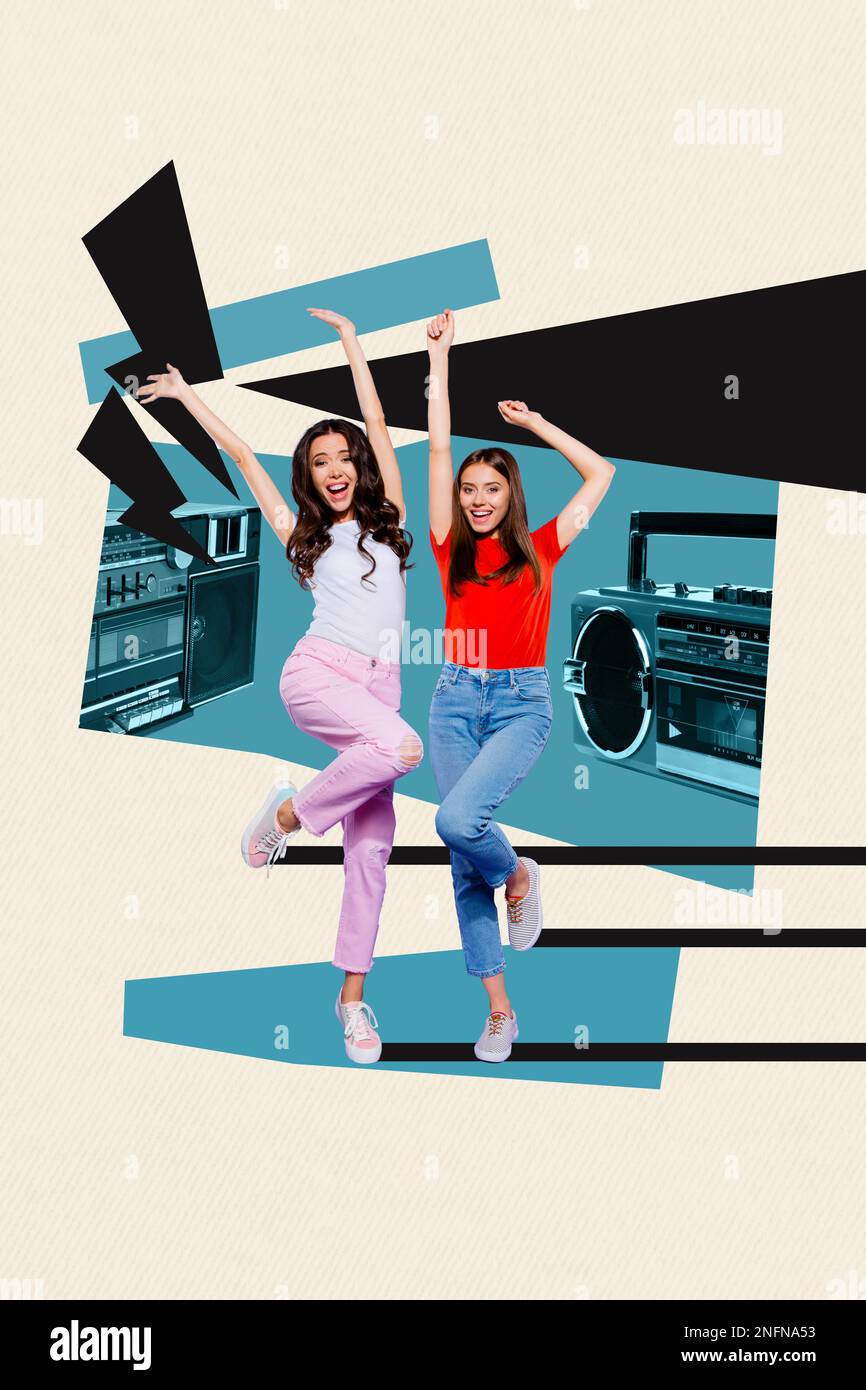 Vertical collage picture of two cheerful mini girls dancing good mood ...