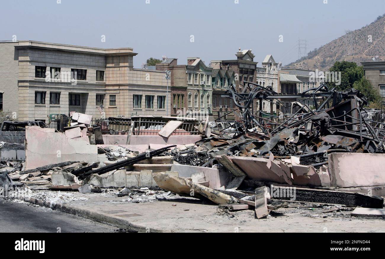 Debris clutters the New York Street facade at the Universal Studios ...