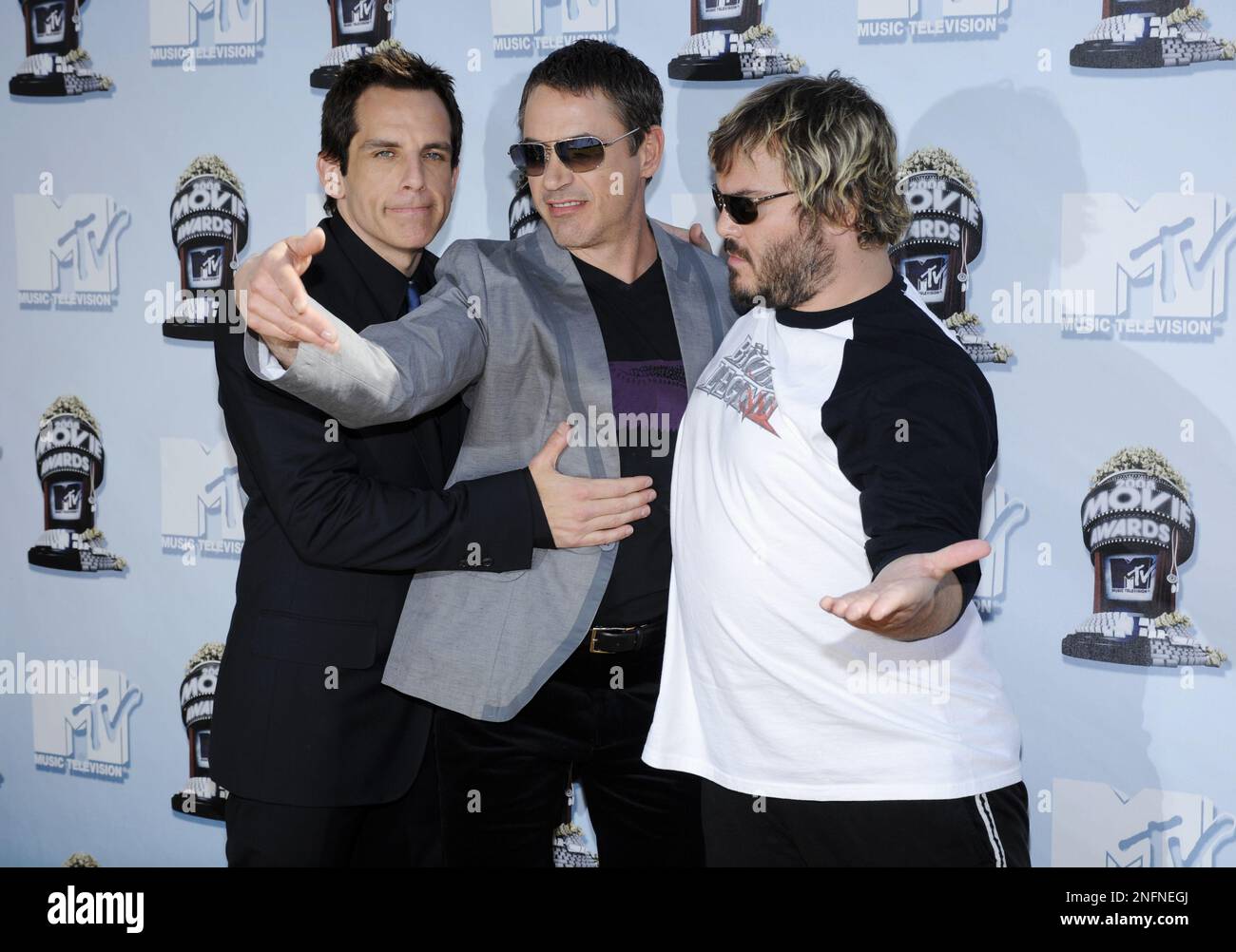 From left, Ben Stiller, Robert Downey Jr., and Jack Black arrive at the ...