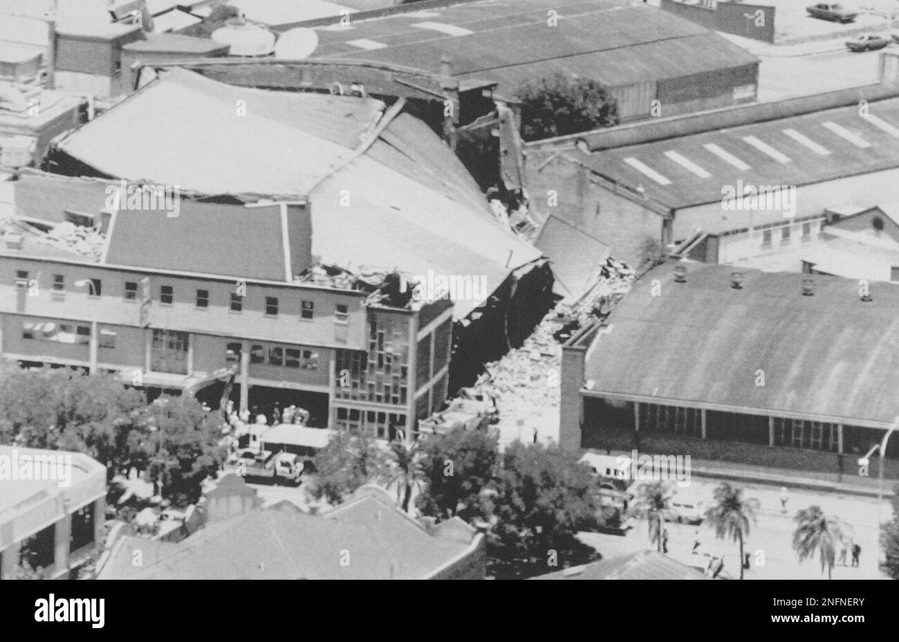 An aerial view showing the collapsed roof of The Newcastle Workers Club ...