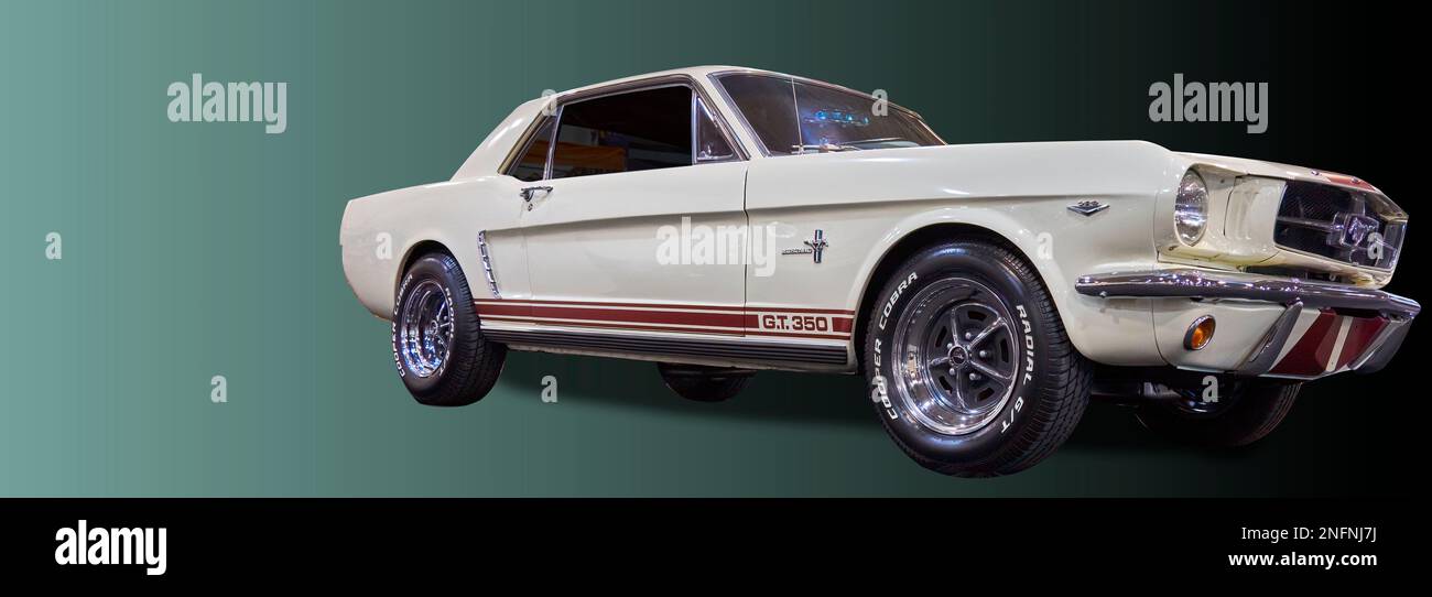 Ford Mustang GT350, side view of classic American muscle car in white ...