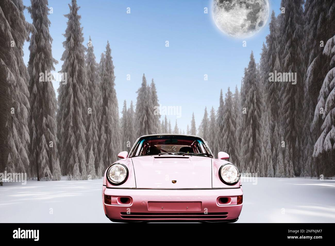 Light pink Porsche seen from the front in a surreal snowy forest with a ...