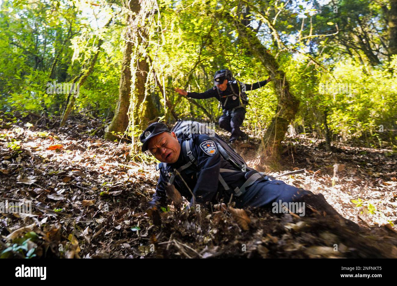 (230217) -- KUNMING, Feb. 17, 2023 (Xinhua) -- Forest police officers ...