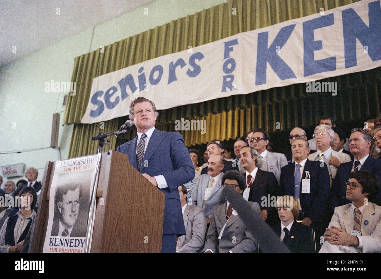 Sen. Edward Kennedy (D-Mass.) addressing senior citizens group in Miami ...