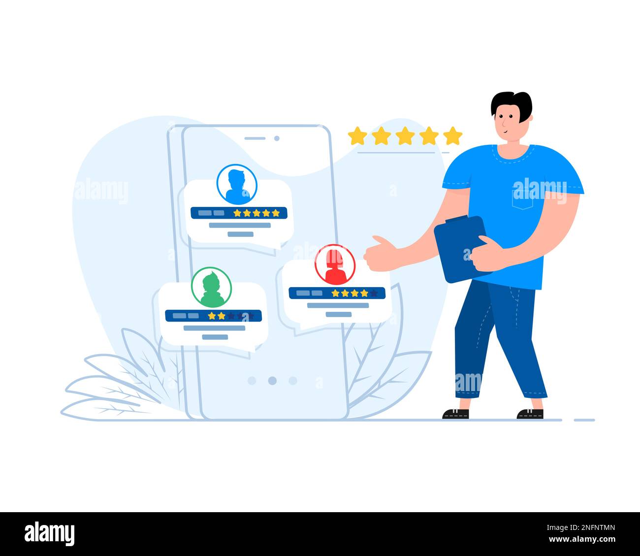 Man giving assessment in internet store. Customer support. Five Star Feedback. Vector stock ...
