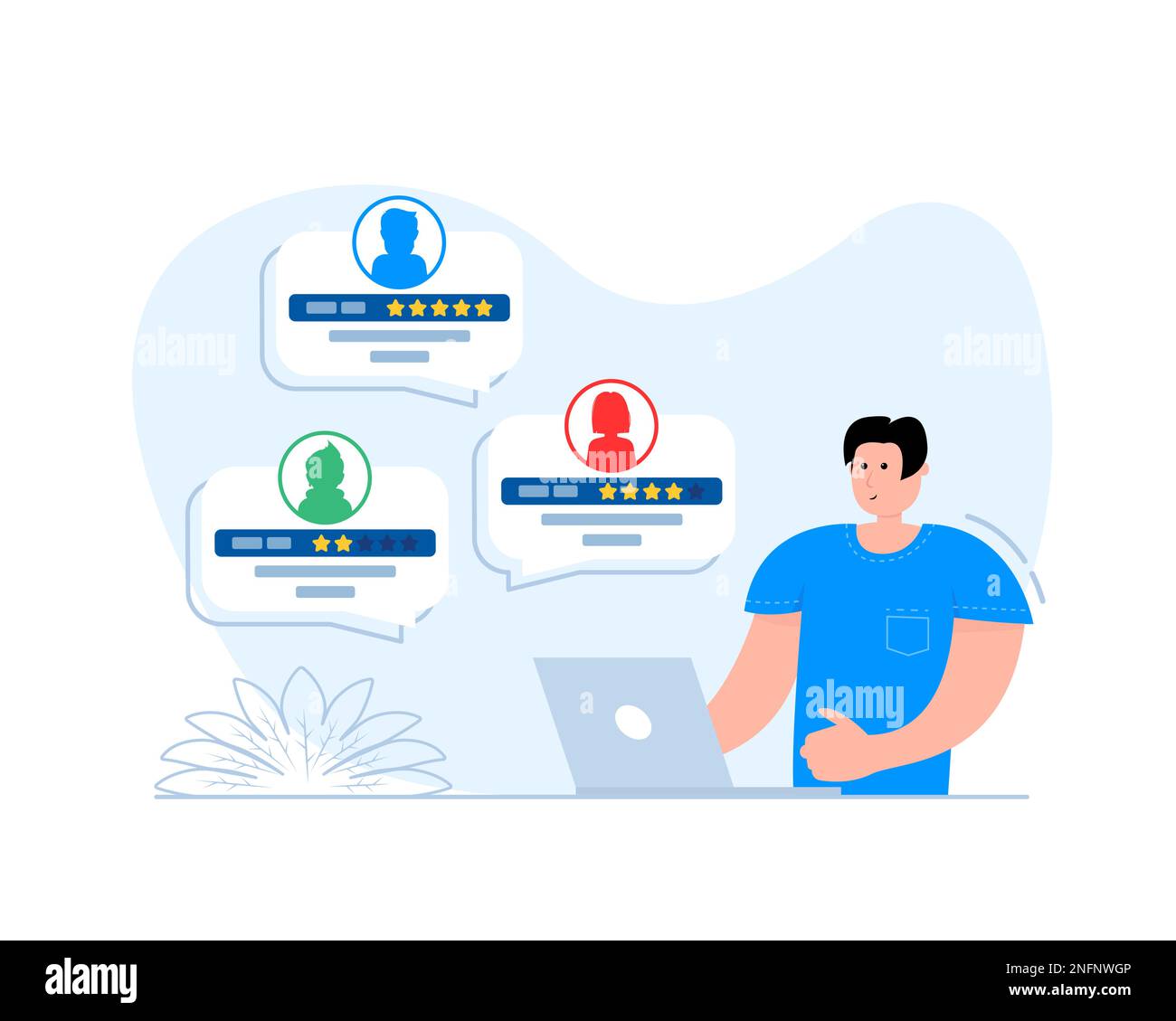 Man giving assessment in internet store. Customer support. Five Star Feedback. Vector stock ...