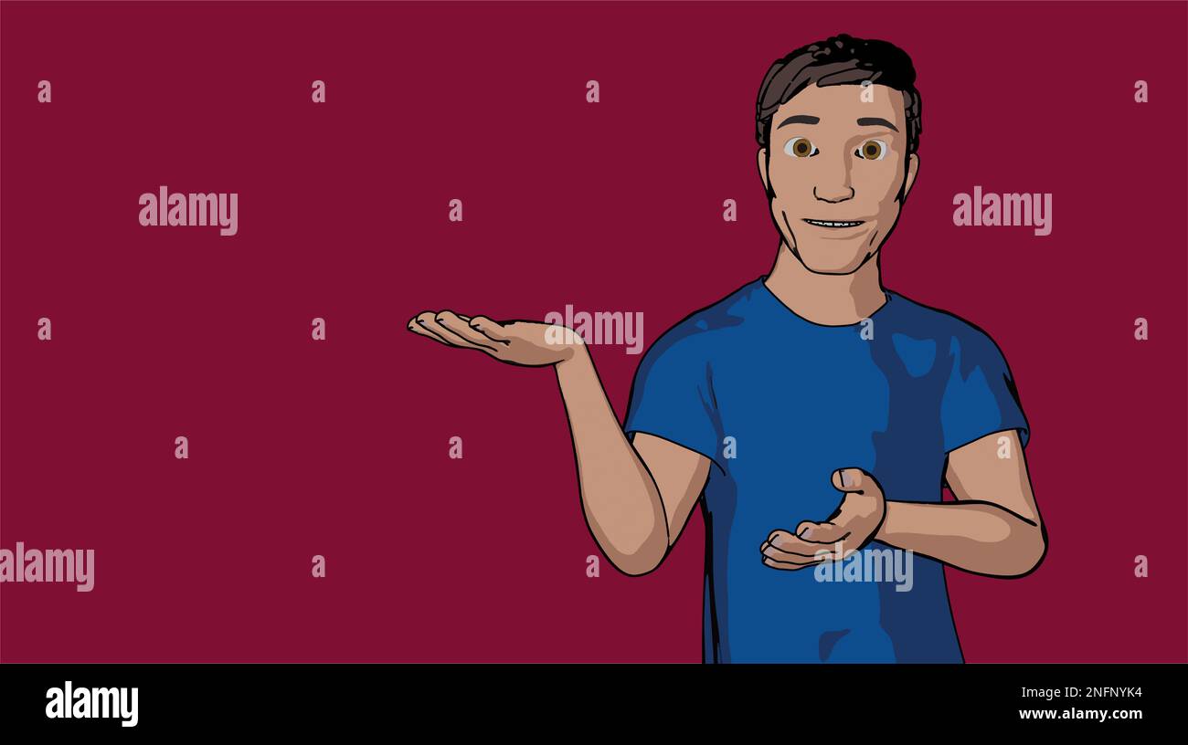 Cartoon man showing with hands presenting pointing at drawing vector hi ...